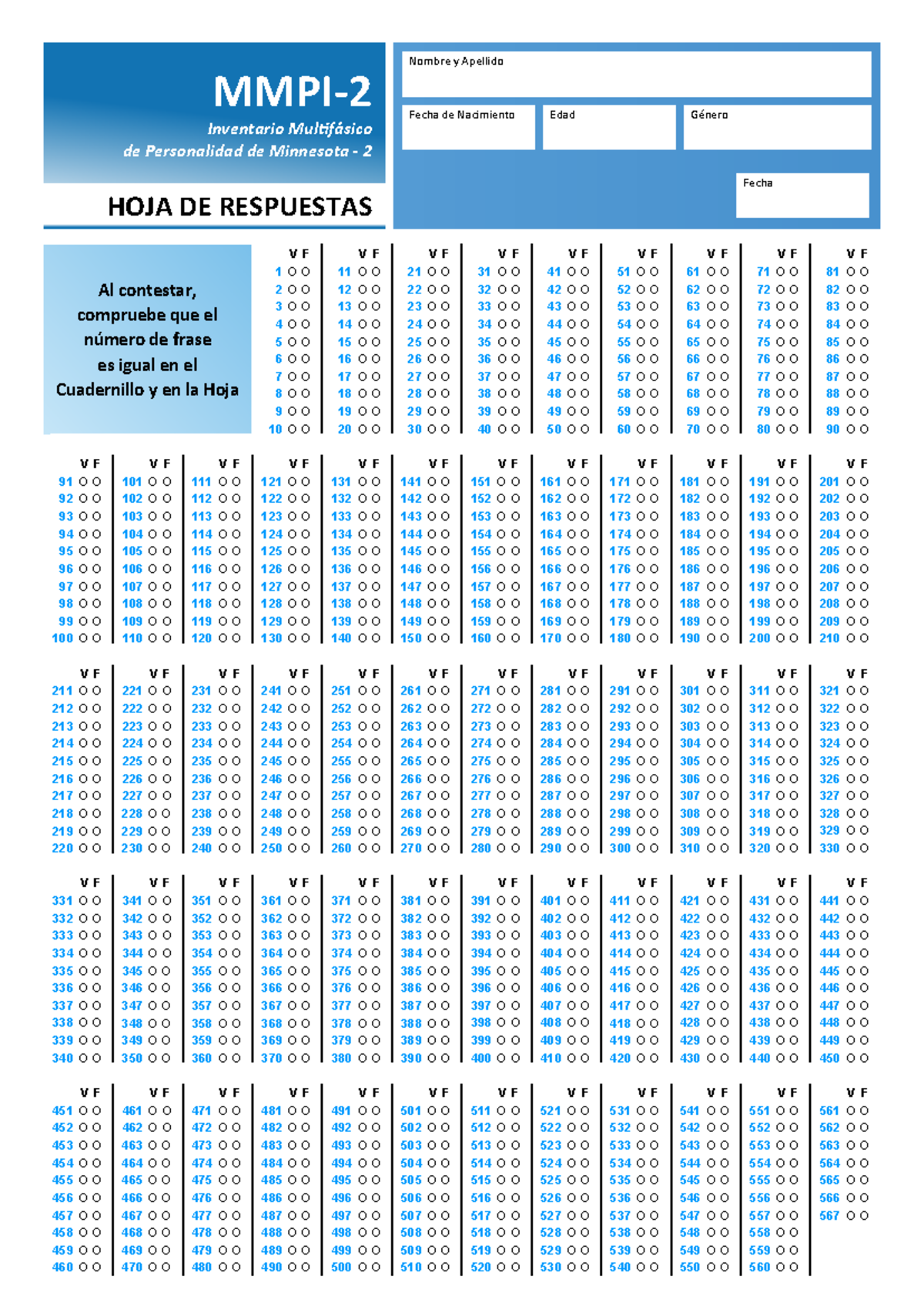 MMPI-2 Hoja de Respuestas y Registro de Resultados - Studocu