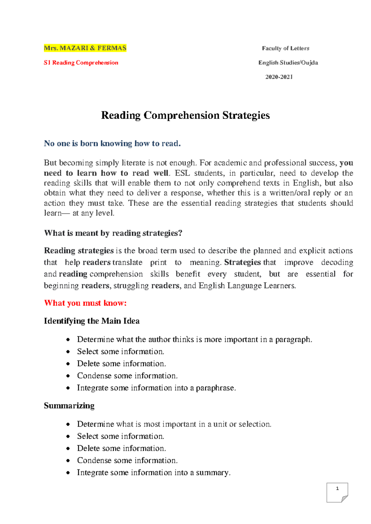Reading comprehension strategies - 1 Mrs. MAZARI & FERMAS Faculty of ...