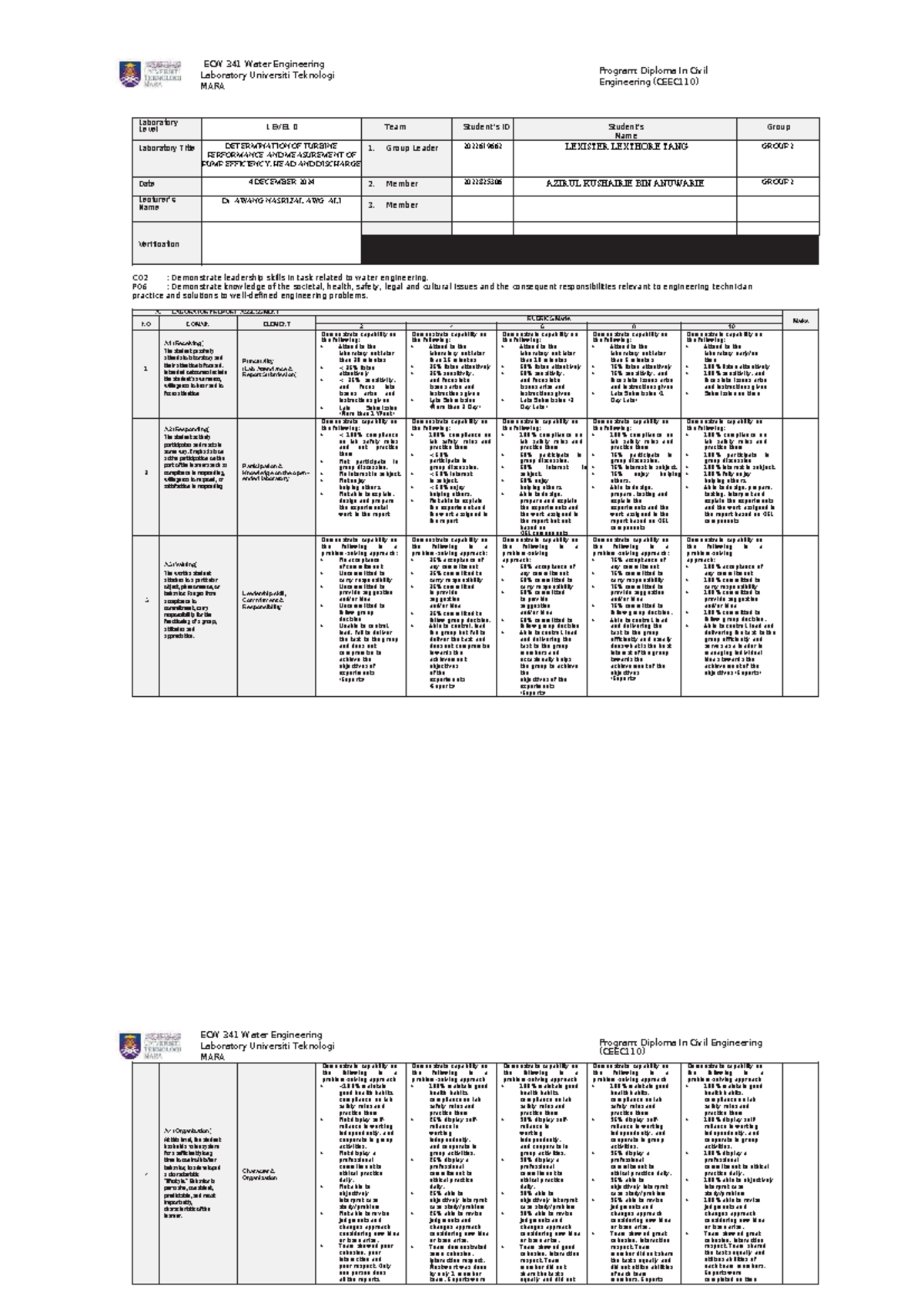 LAB Report 7: Performance & Measurement of Pump Efficiency - ECW 341 ...