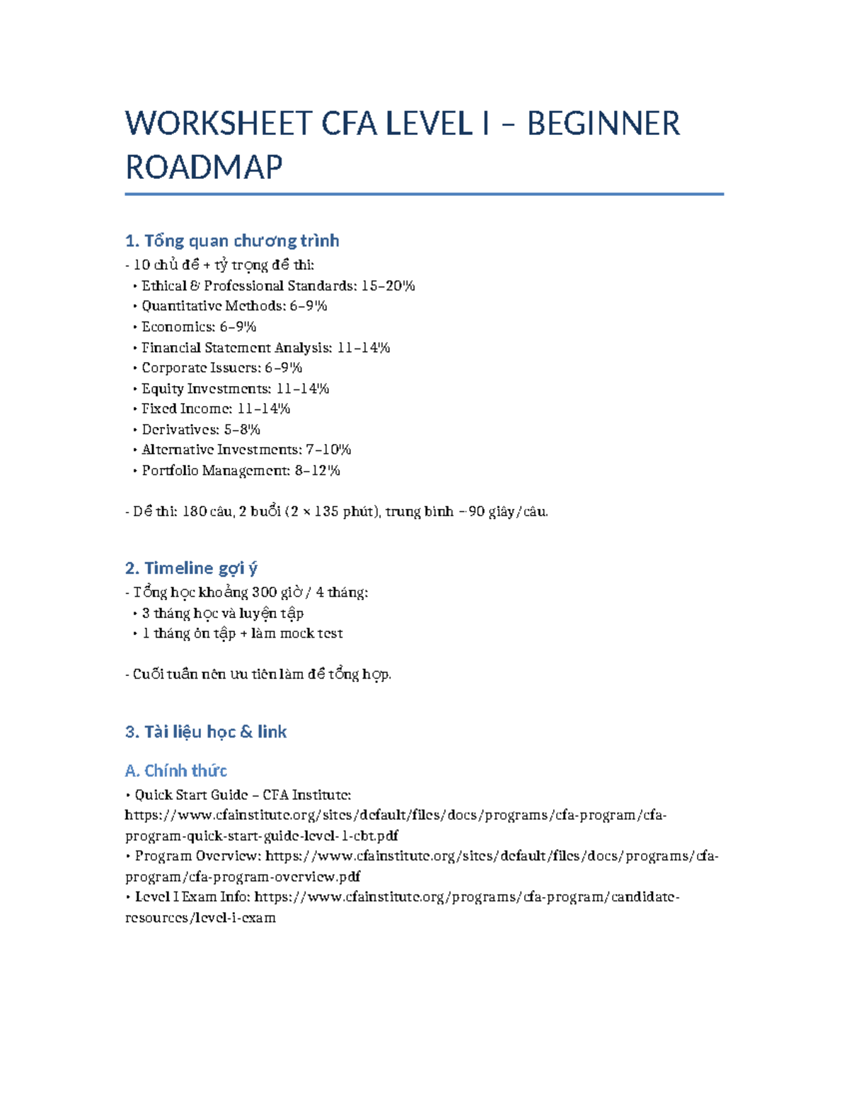 CFA Level I Beginner Roadmap Worksheet: Exam Overview & Study Plan ...
