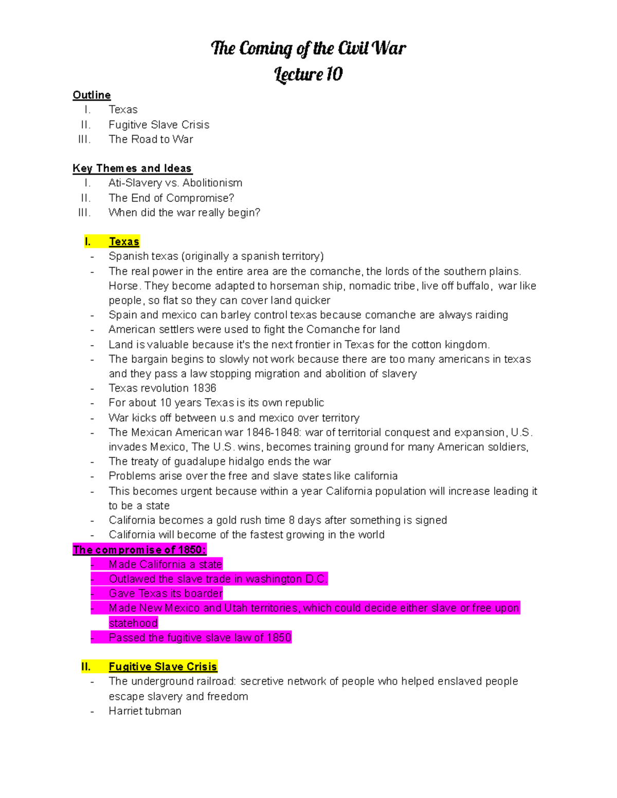 Unit 2 Lecture 10: The Coming of the Civil War Overview and Key Themes ...