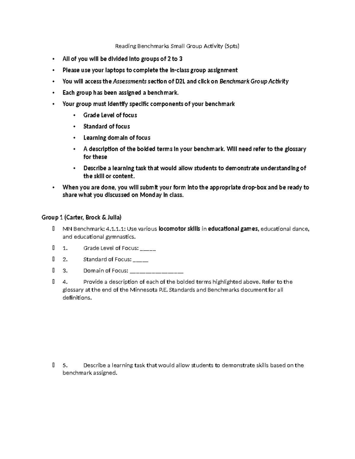 MN Benchmark Group Activity: Small Group Assignment Guide - Studocu