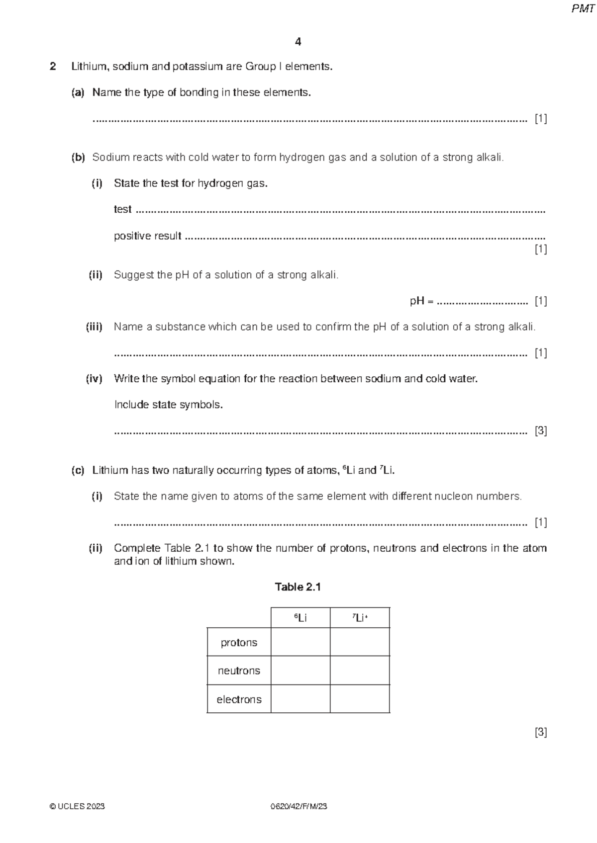 PMT 4 2 March 2023 Worksheet on Group I Elements and Reactions - Studocu