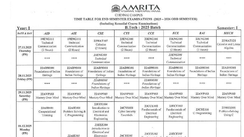 I Year B.Tech End Semester Exam Time Table (2025-2026) - Studocu