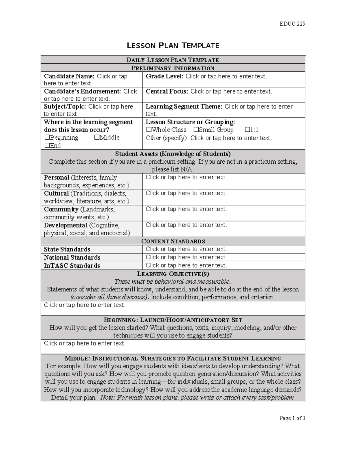EDUC 225: Comprehensive Lesson Plan Template for Effective Teaching - Studocu