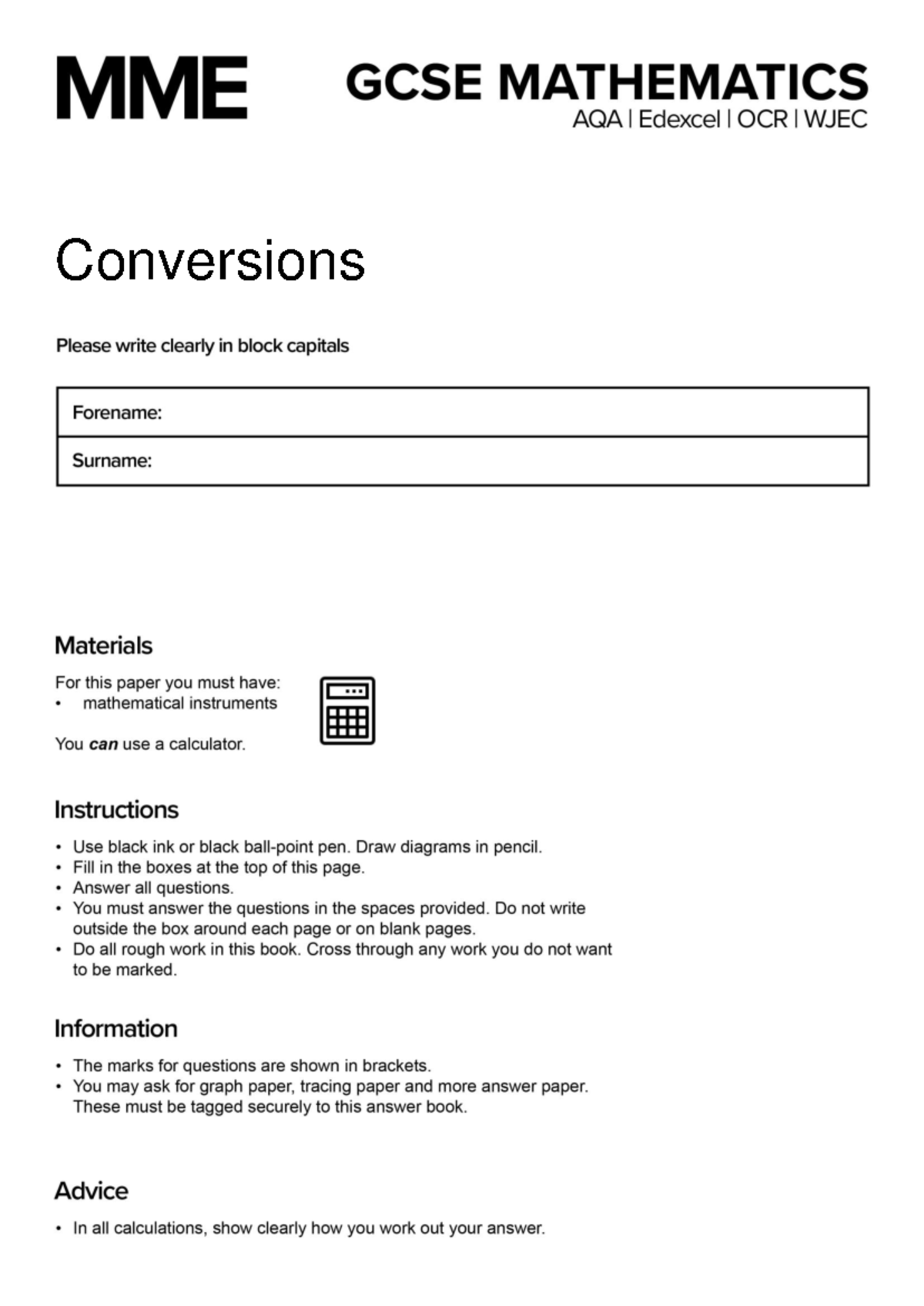Conversions Questions MME: Measurement and Currency Exchange - Studocu