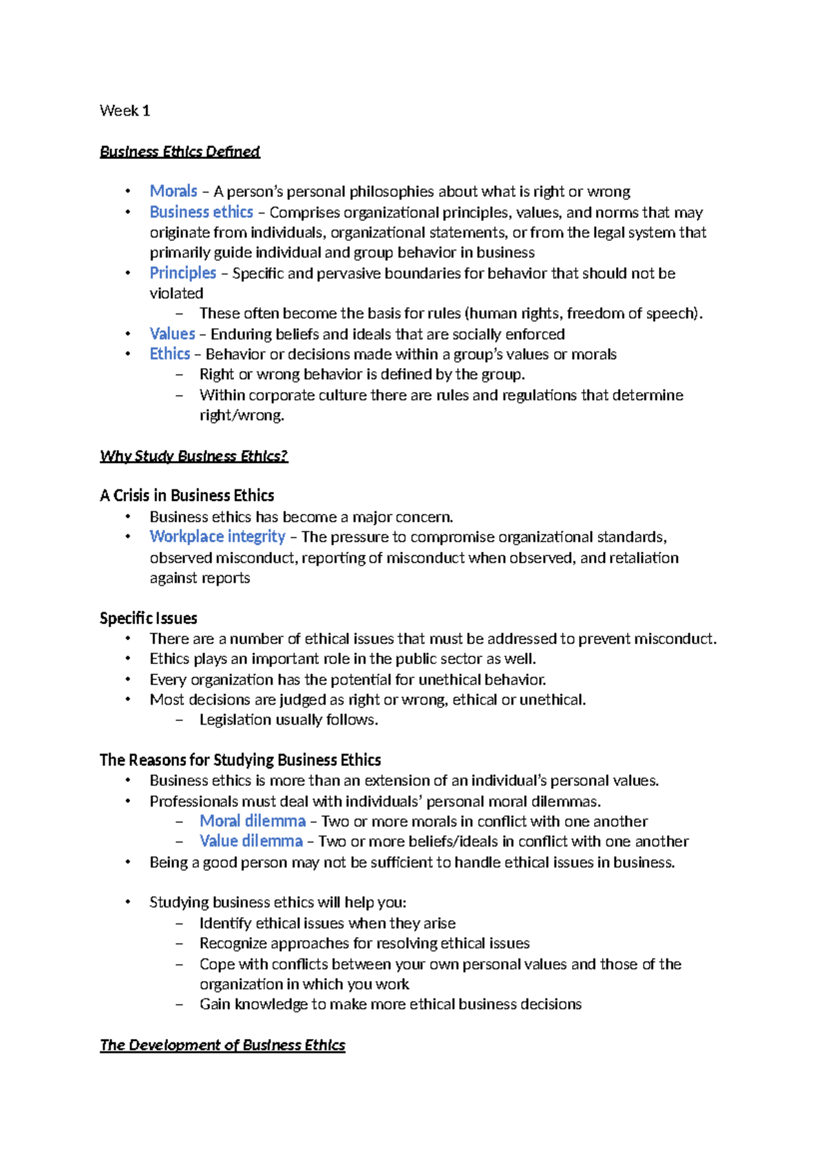 BUS 101 - Week 1 Business Ethics Overview and Importance - Studocu