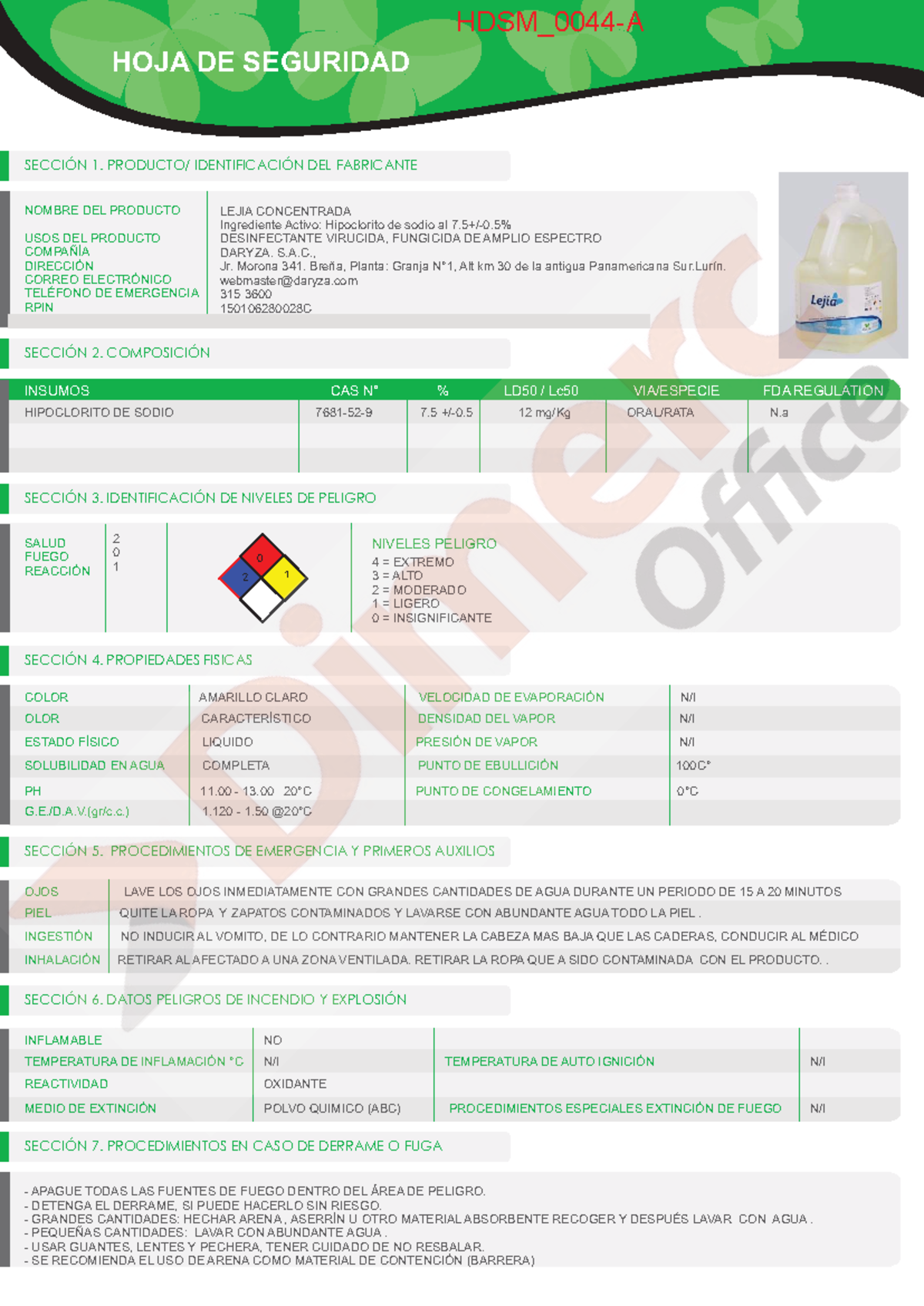 HDSM_0044-A Hoja de Seguridad: Lejía Concentrada y Usos - Studocu