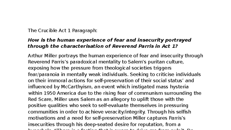 The Crucible Act 1: Fear and Insecurity in Reverend Parris - Studocu