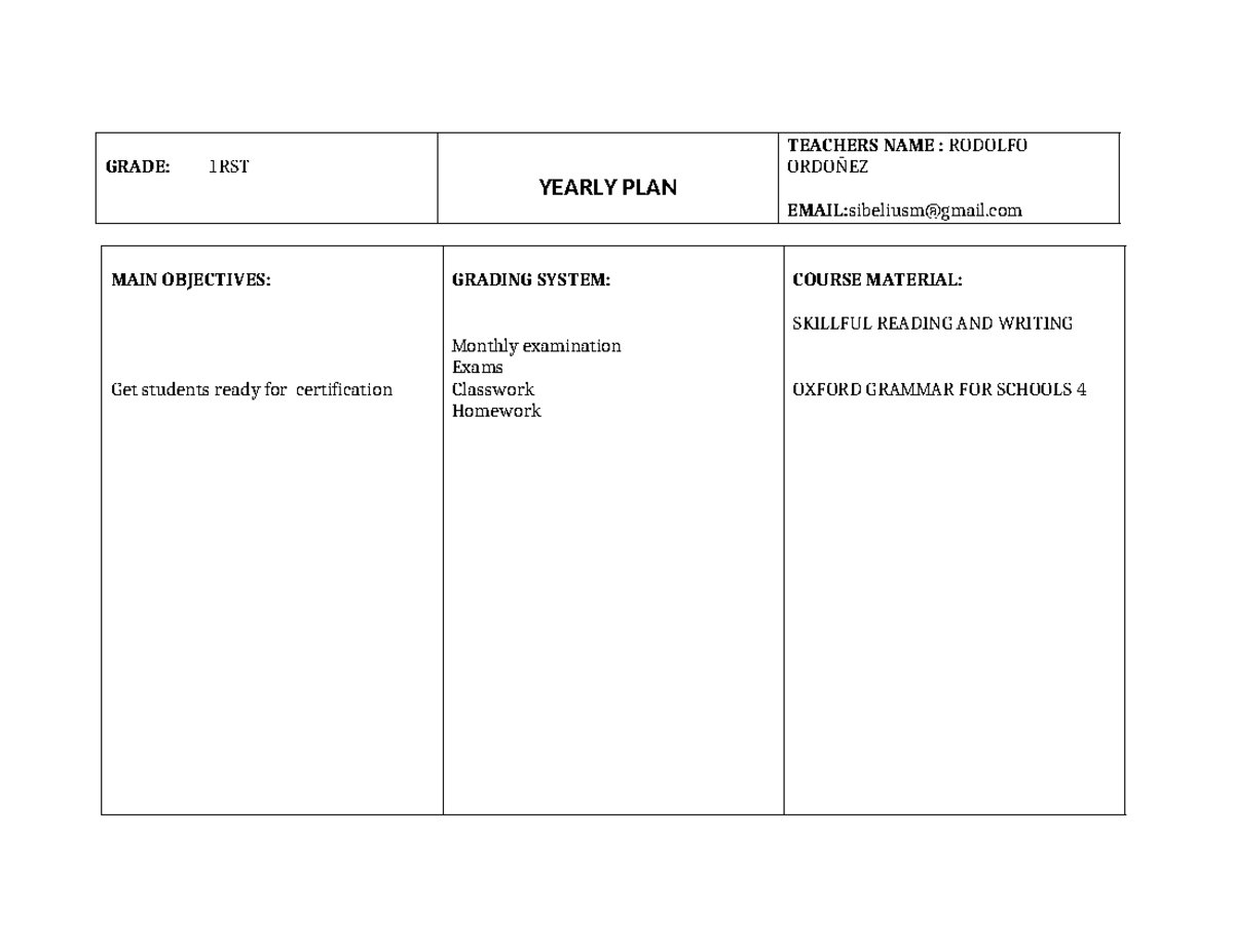 1ST Grade Yearly Plan: Skillful Reading & Writing (Oxford) - Studocu