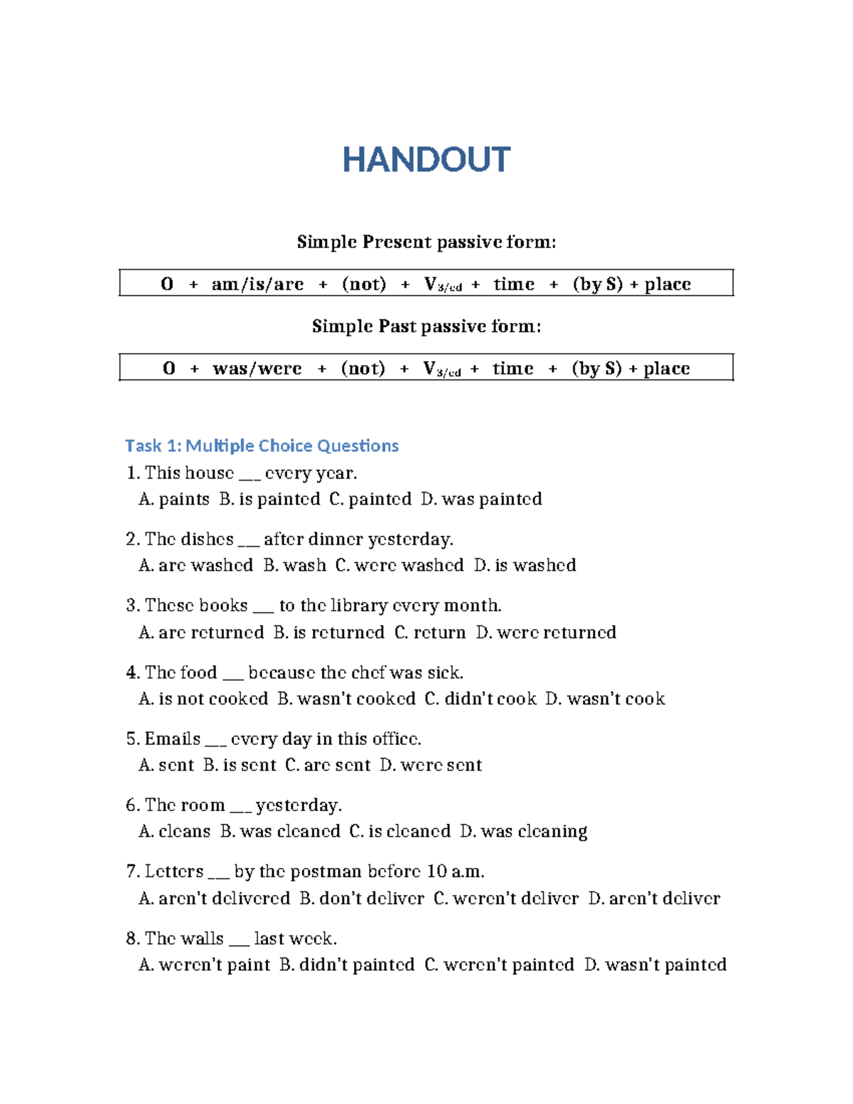 Final Exam Handout: Simple Present & Past Passive Forms - Studocu