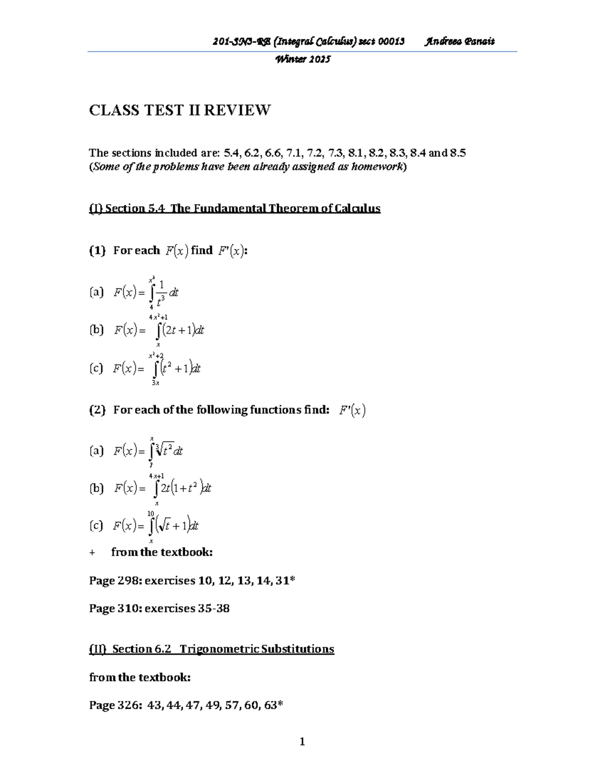 Integral Calculus (MATH 101) Winter 2025 Class Test II Review - Studocu