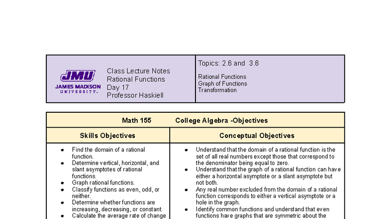 Math 155 Day 17 Lecture Notes: Rational Functions & Graphing - Studocu