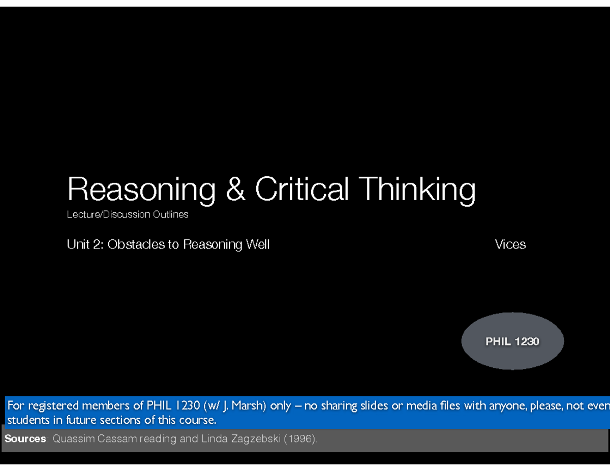 PHIL 1230 Lecture Notes: Unit 2 - Obstacles to Reasoning Well - Studocu