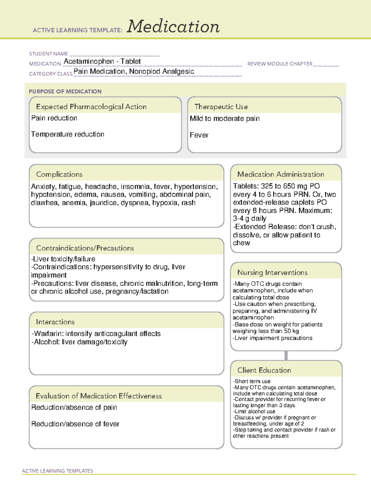 Medication Card - Acetaminophen - ACTIVE LEARNING TEMPLATES Medication ...