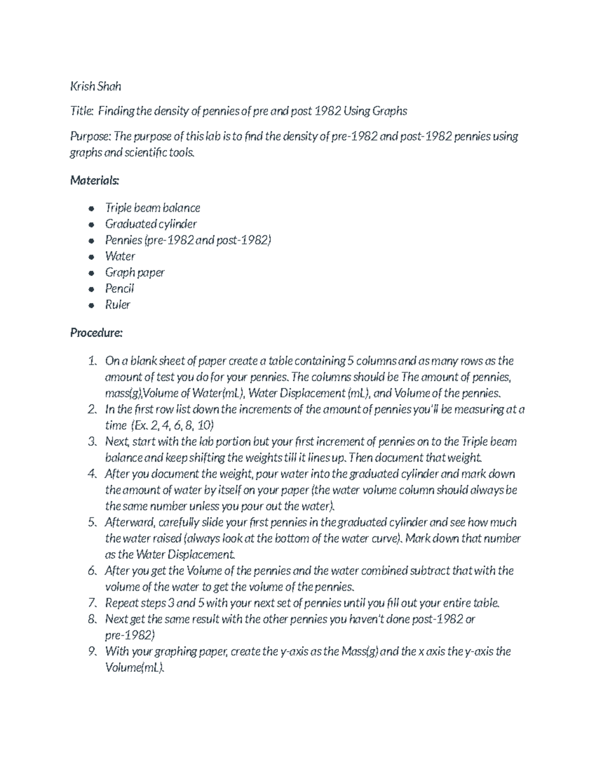 Lab Report: Density Analysis of Pre- and Post-1982 Pennies (Chem Lab ...