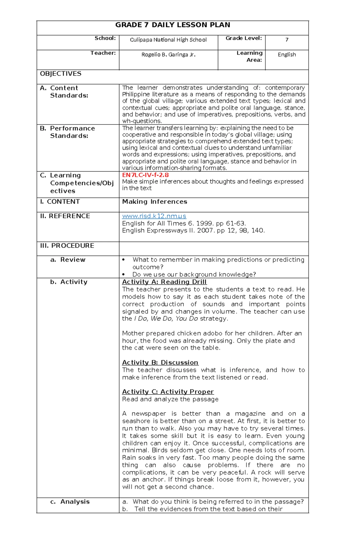 Making Inferences Lesson Plan for Grade 7 English (012319) - Studocu
