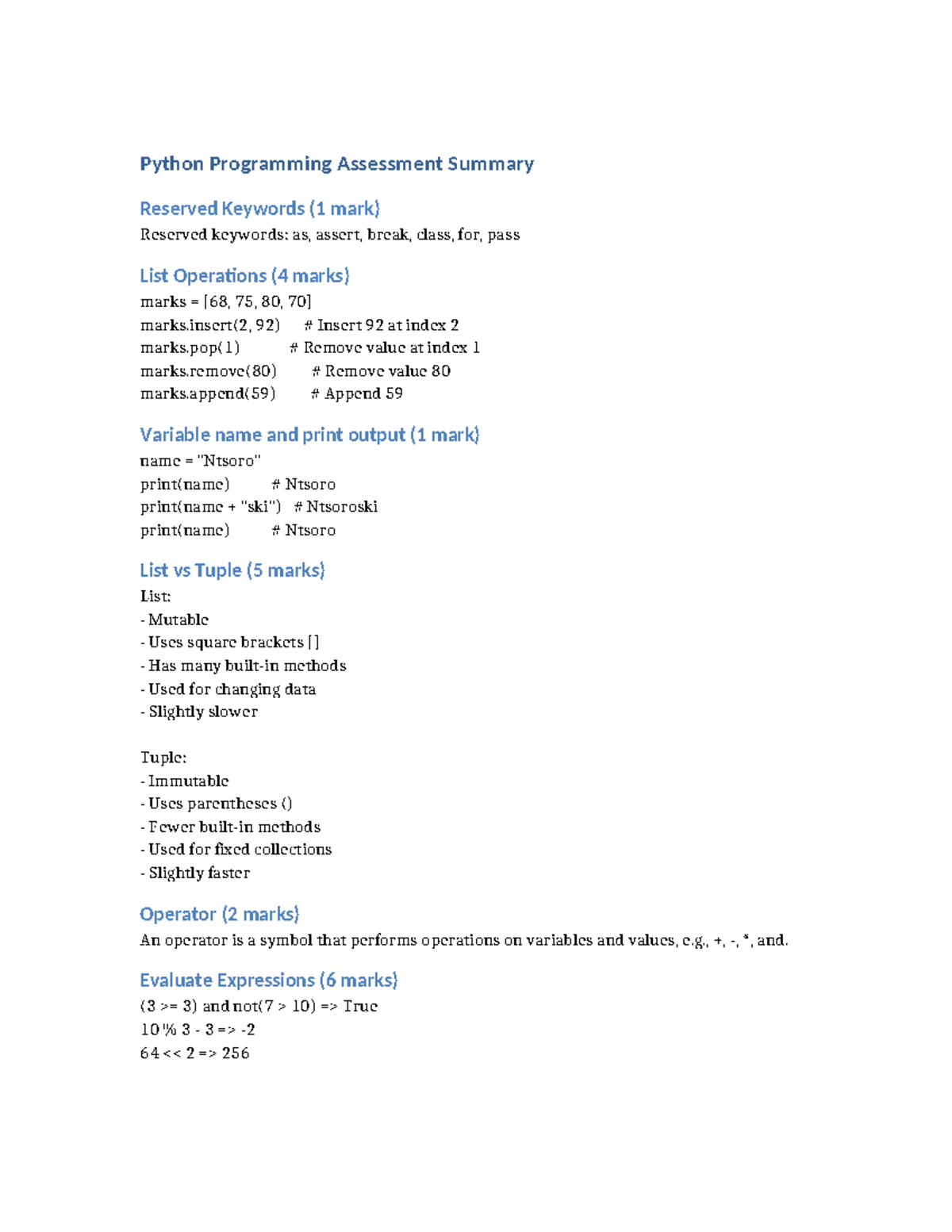 Python Programming Assessment Summary: Key Concepts and Operations - Studocu