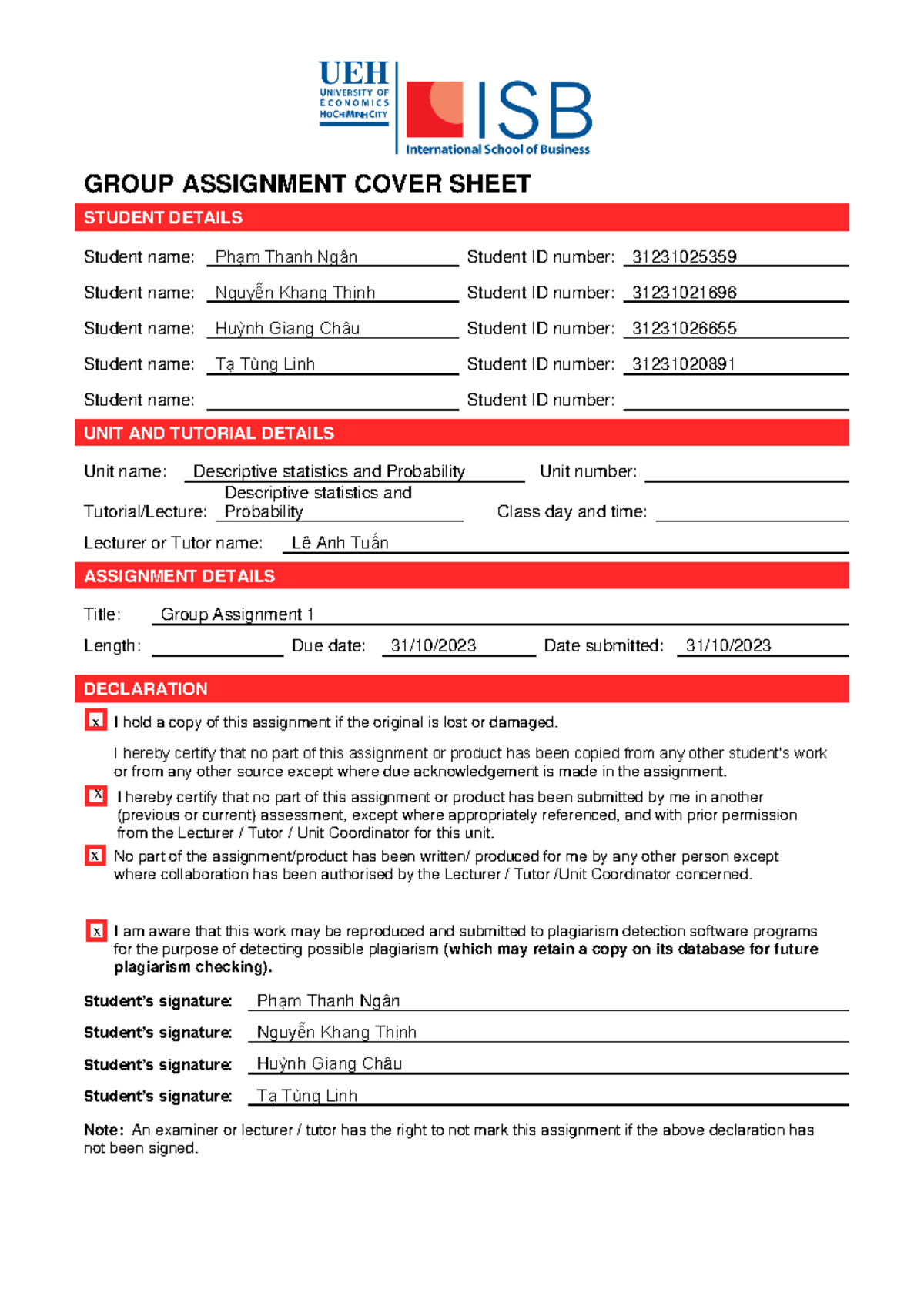 GA1-SB2-G5 - good document - x x x x GROUP ASSIGNMENT COVER SHEET ...