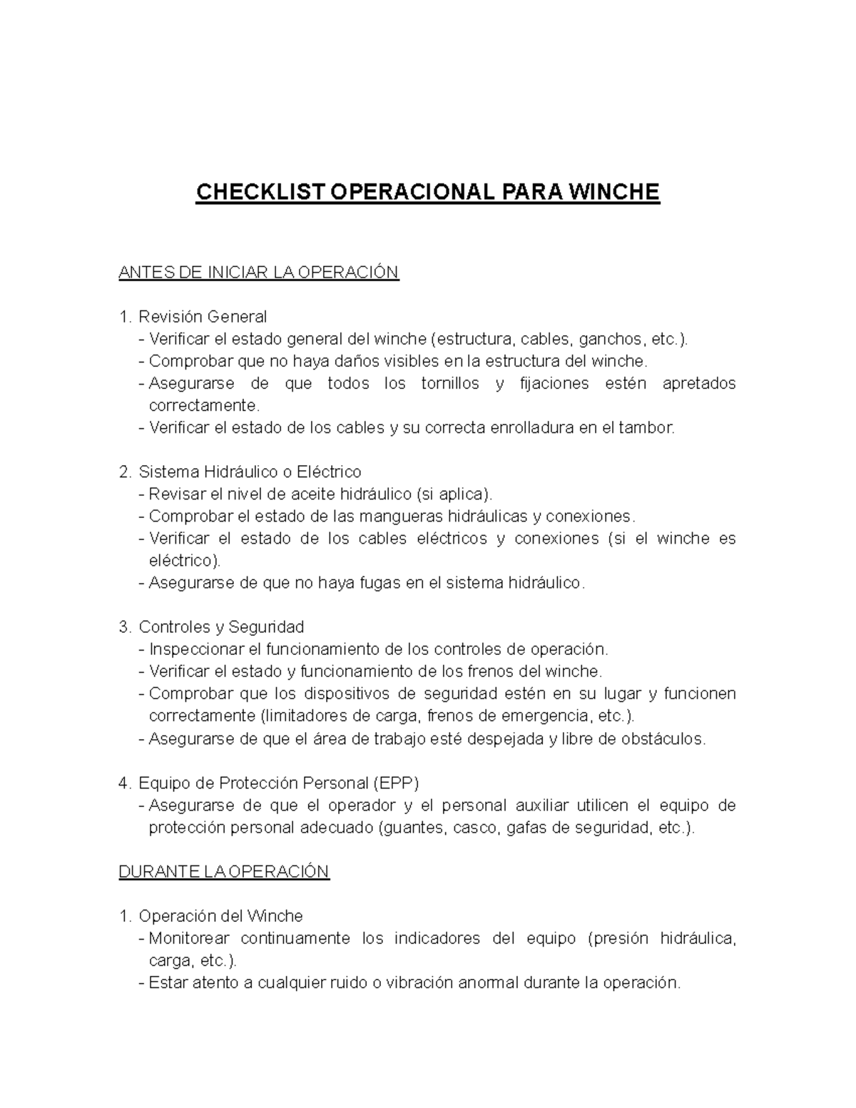 Checklist Operacional para Winche: Inspección y Mantenimiento - Studocu