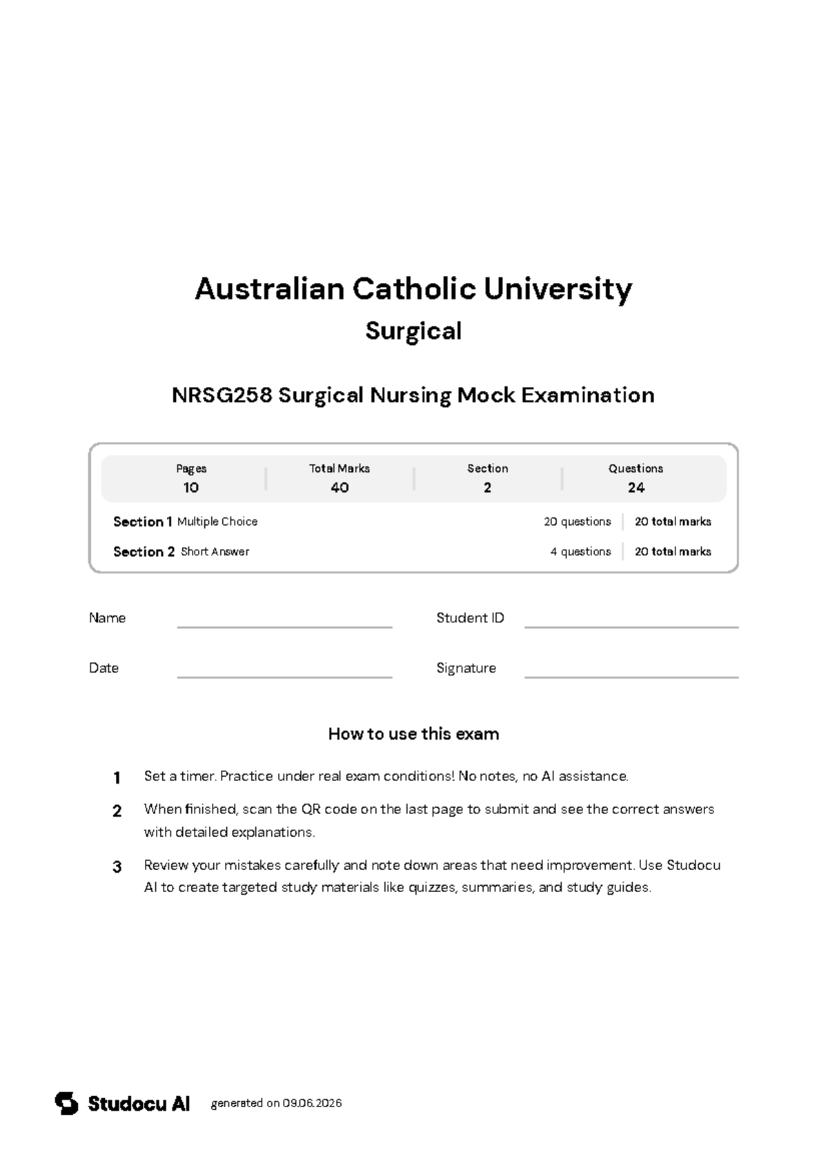 NRSG258 Surgical Nursing Mock Exam - Studocu