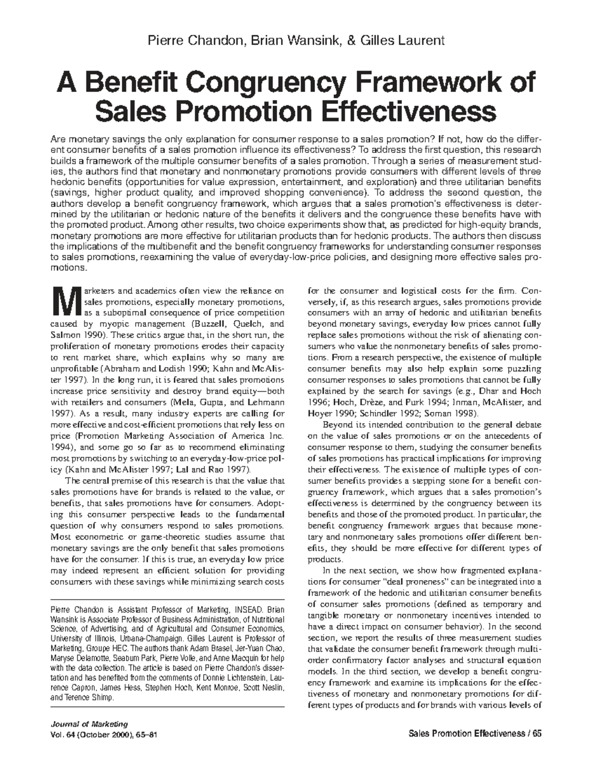 Sales Promotion Effectiveness: A Benefit Congruency Framework (JM 00 ...