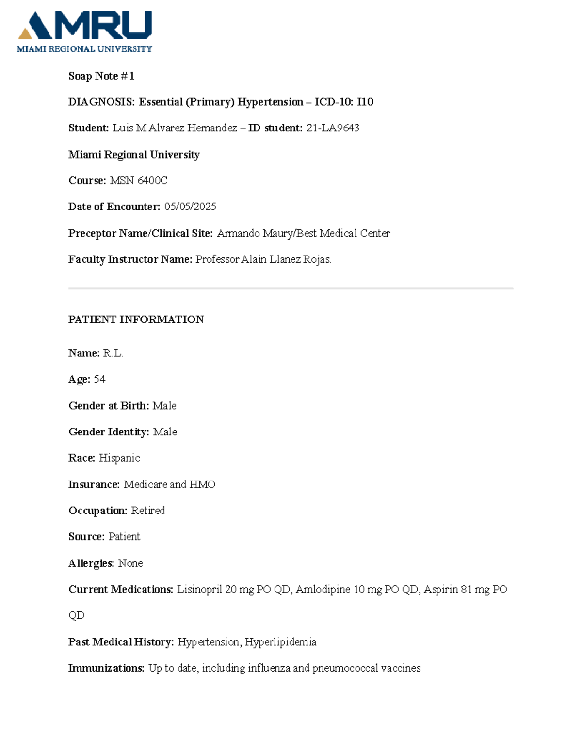 SOAP Note 1 - Essential Hypertension I10 - Luis Alvarez - MSN 6400C ...