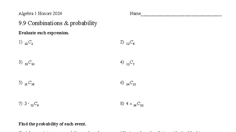 Algebra 1 Honors 2024: 9.9 Combinations & Probability Homework - Studocu