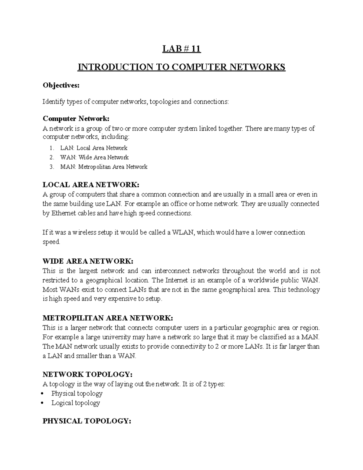 Introduction to Computer Networks and Topologies - LAB 11 Notes - Studocu