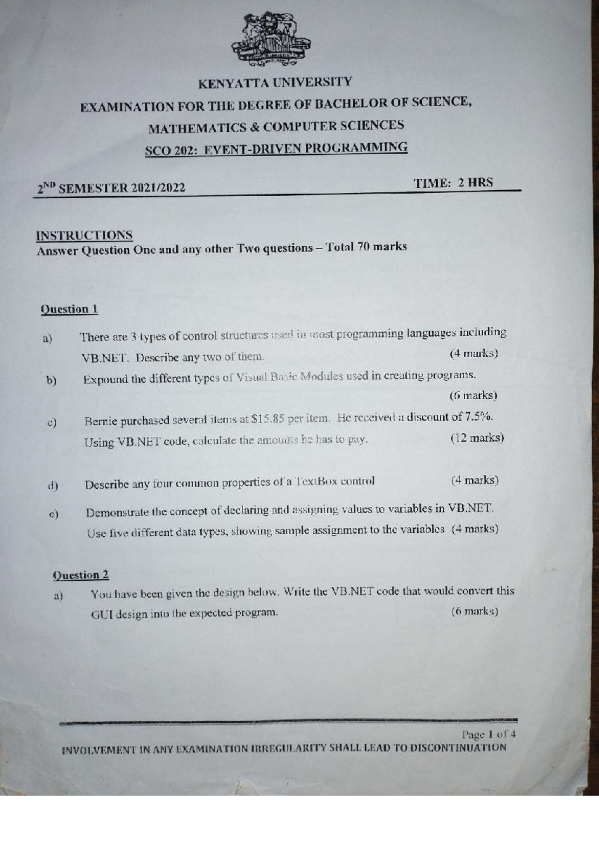 SCO 202: VB.NET Programming Exam Practice Materials - Studocu