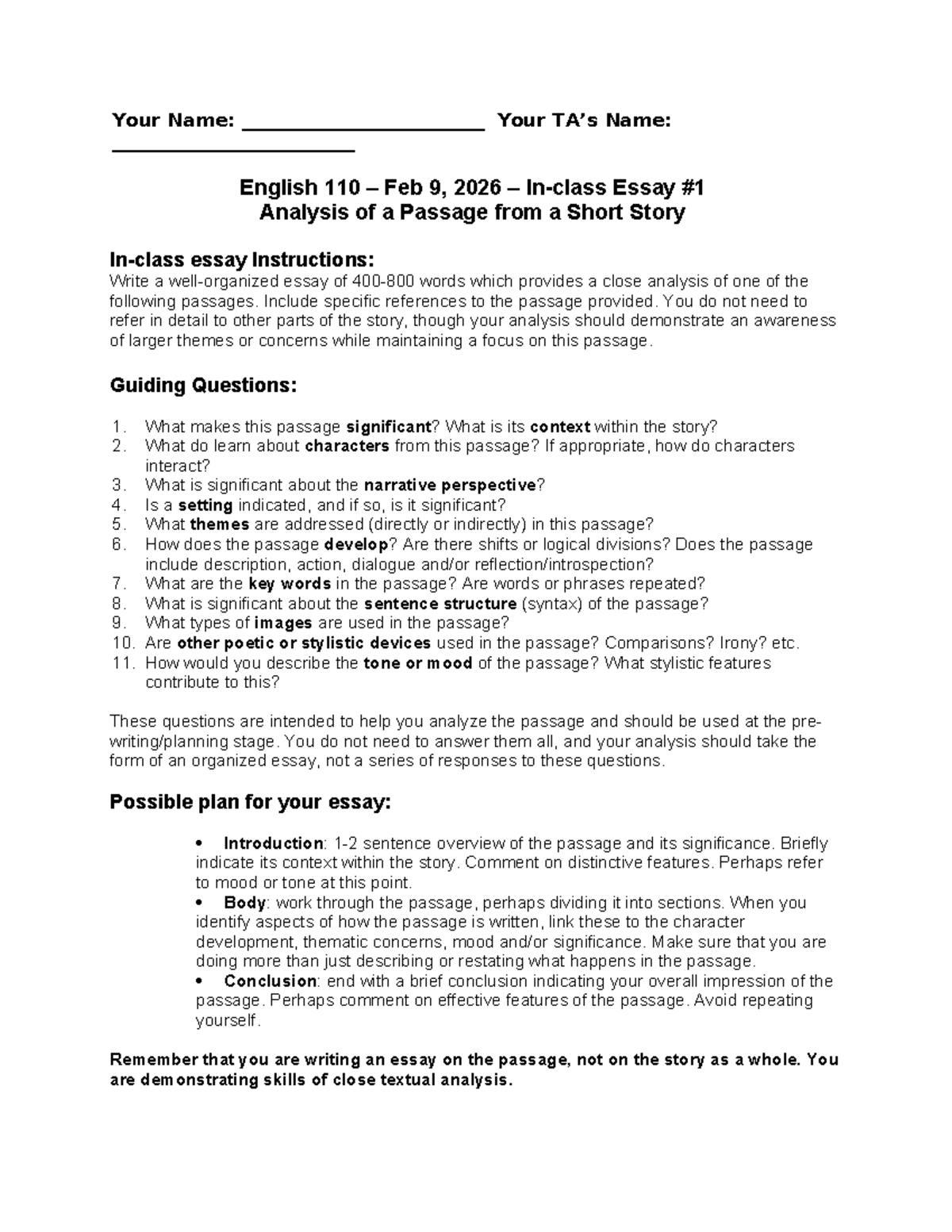 English 110 Essay 1: Short Story Passage Analysis Instructions - Studocu