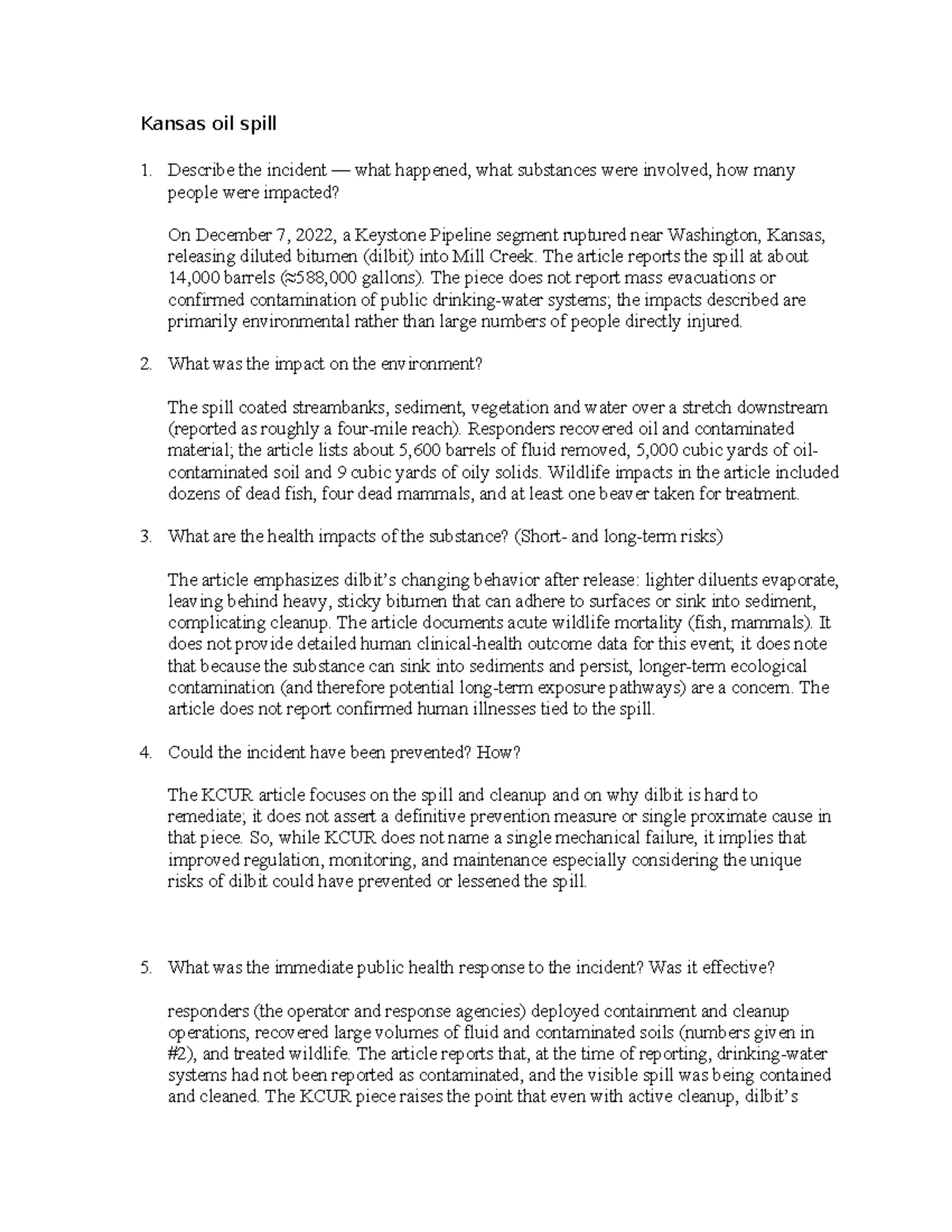 Kansas Oil Spill - Environmental Impact & Response Analysis - Studocu