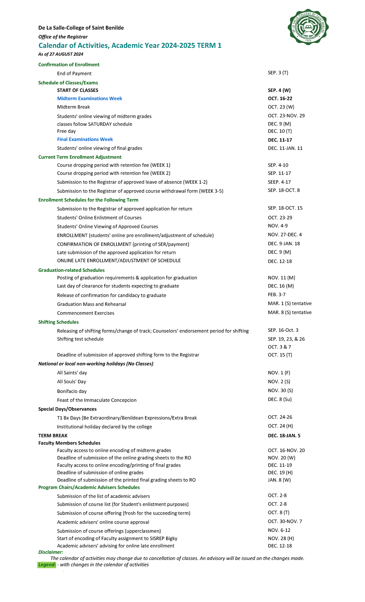 AY 2024-2025 Calendar of Activities, De La Salle-College of Saint ...