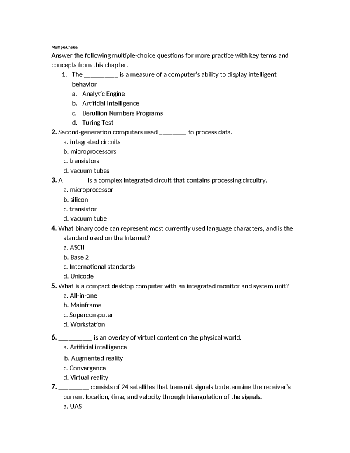 Multiple Choice & True/False Questions on Computer Concepts (CS101 ...