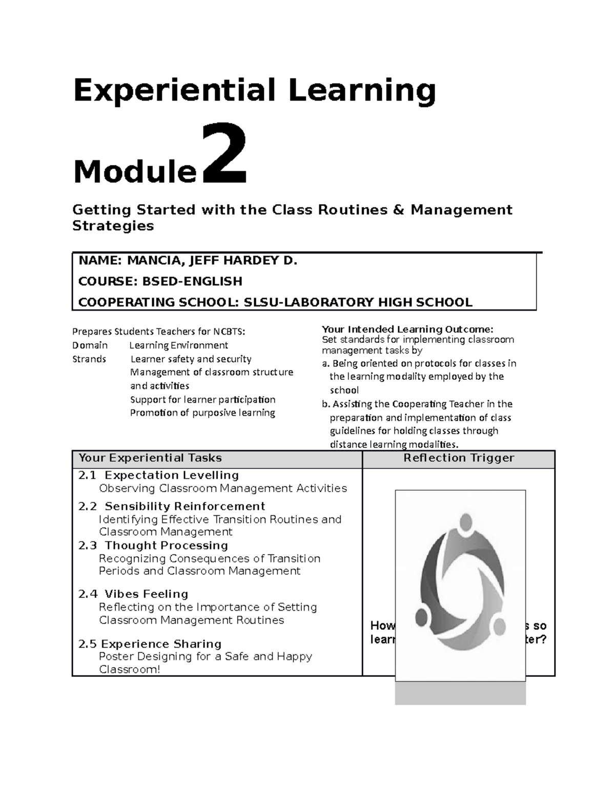 Mancia- Module 2 - Experiential Learning Module 2 Getting Started with the Class Routines ...