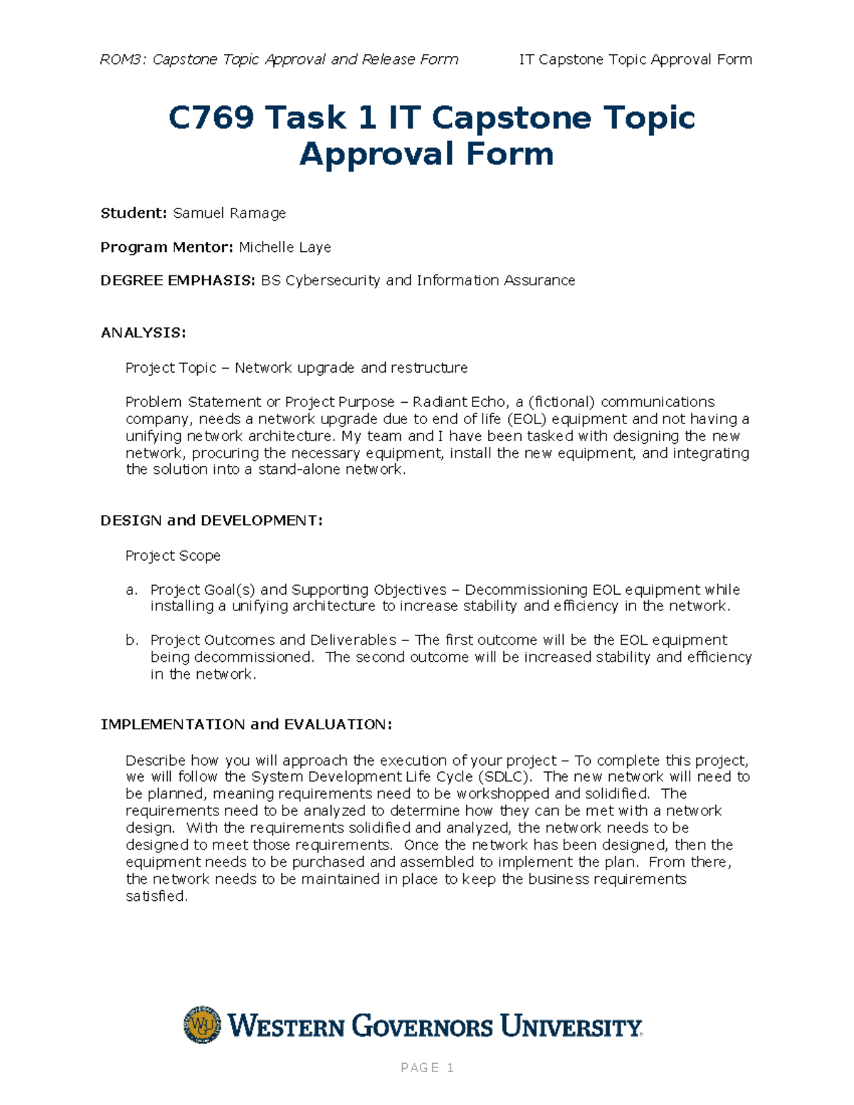 IT C769 Capstone Topic Approval Form - Network Upgrade Project - Studocu