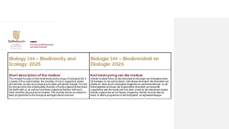 Biology 144 - Biodiversity and Ecology Module Overview 2025 - Studocu