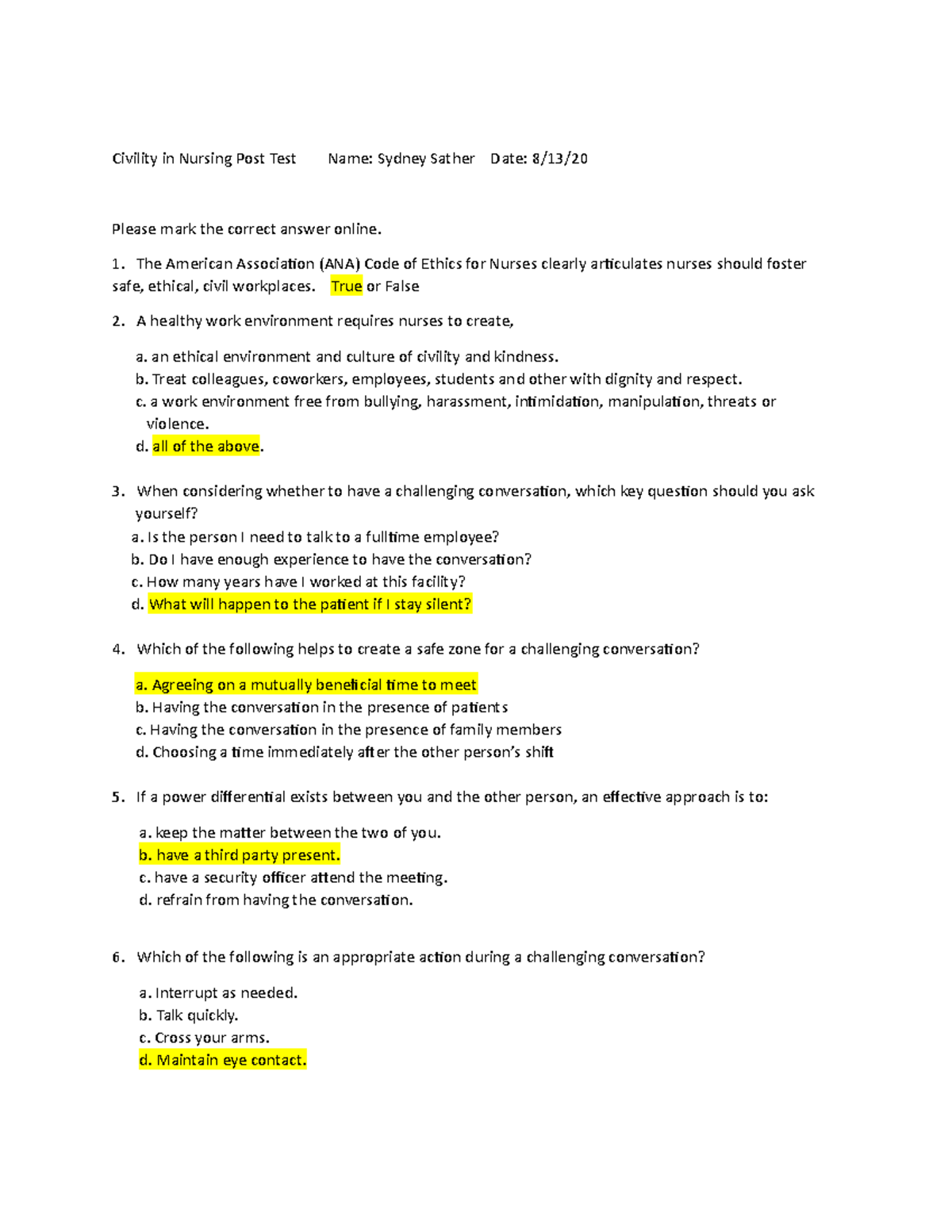 Post test Civility in Nursing - Civility in Nursing Post Test Name ...