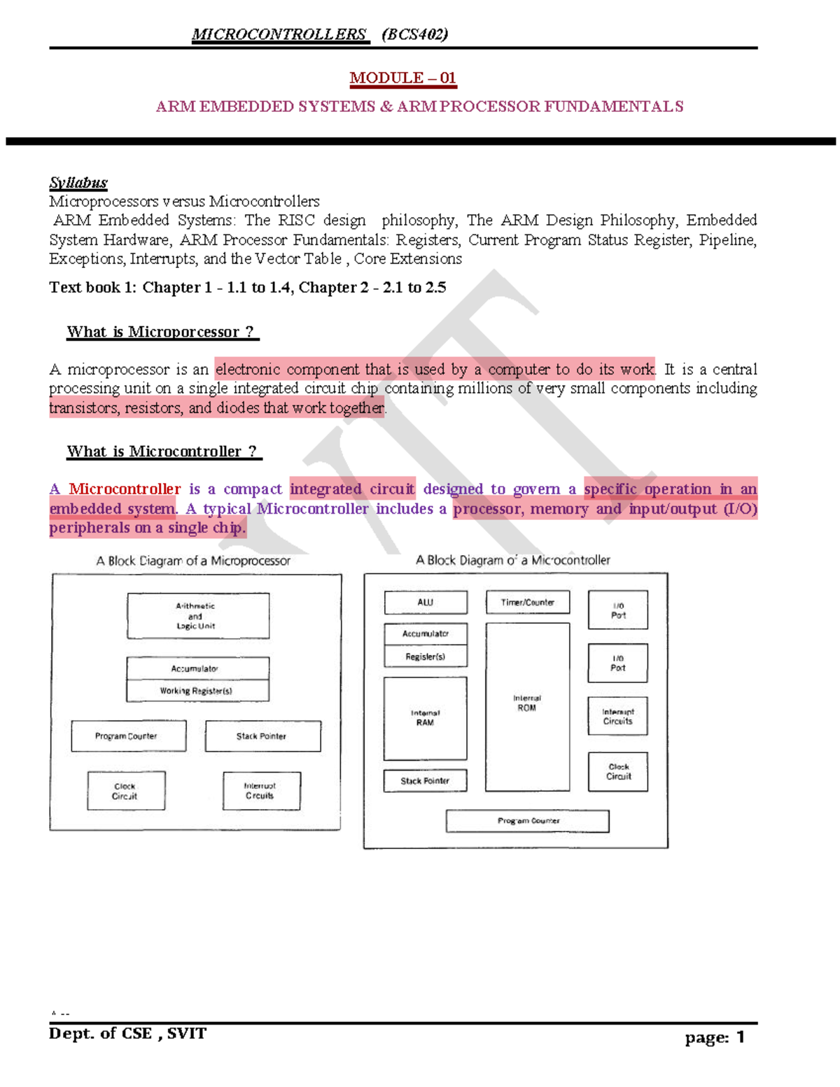 MICROCONTROLLERS (BCS402) MODULE 01: ARM PROCESSOR FUNDAMENTALS - Studocu