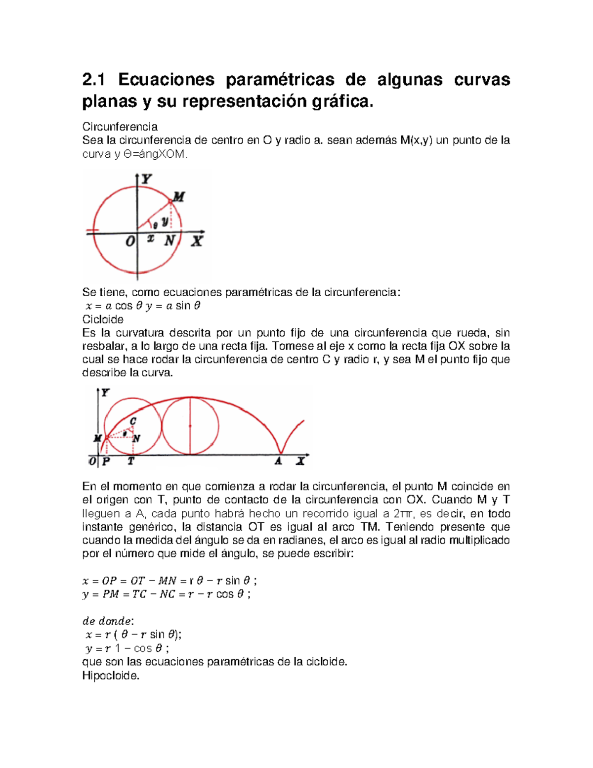 2.1 Ecuaciones Paramétricas de Curvas Planas y su Representación ...