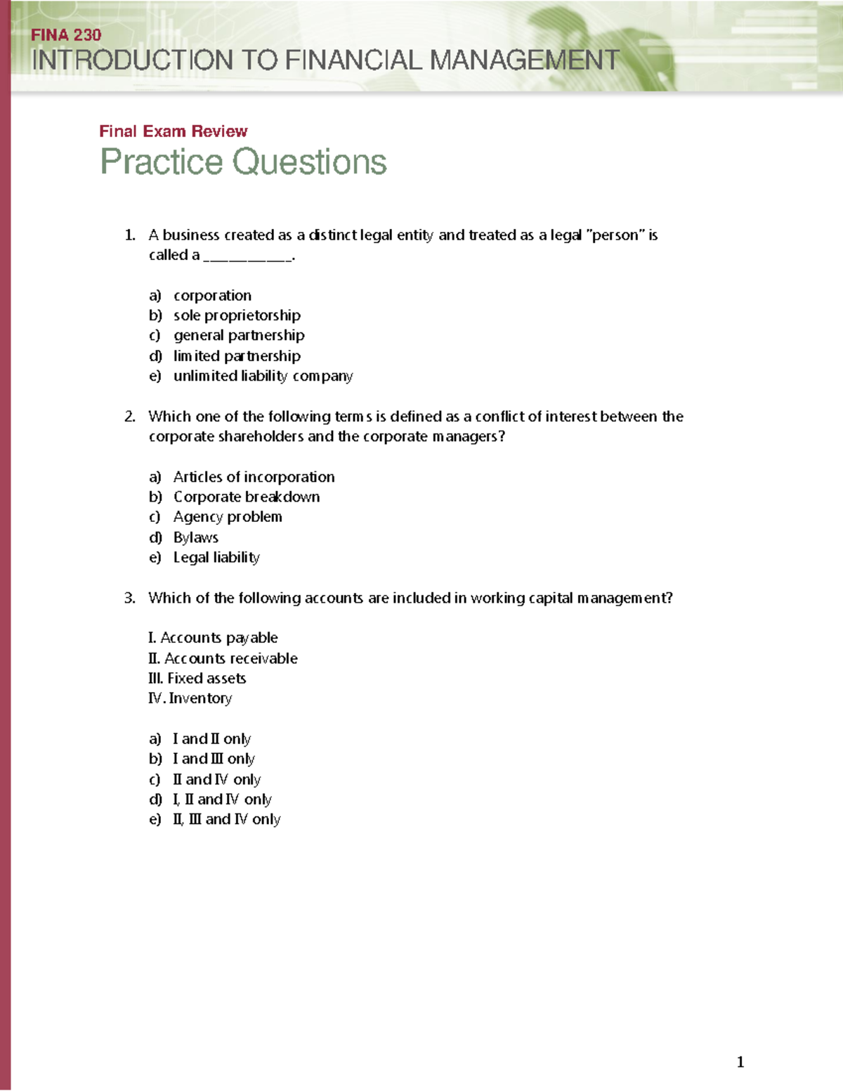 FINA230 Final Exam Review: Practice Questions & Key Concepts - Studocu