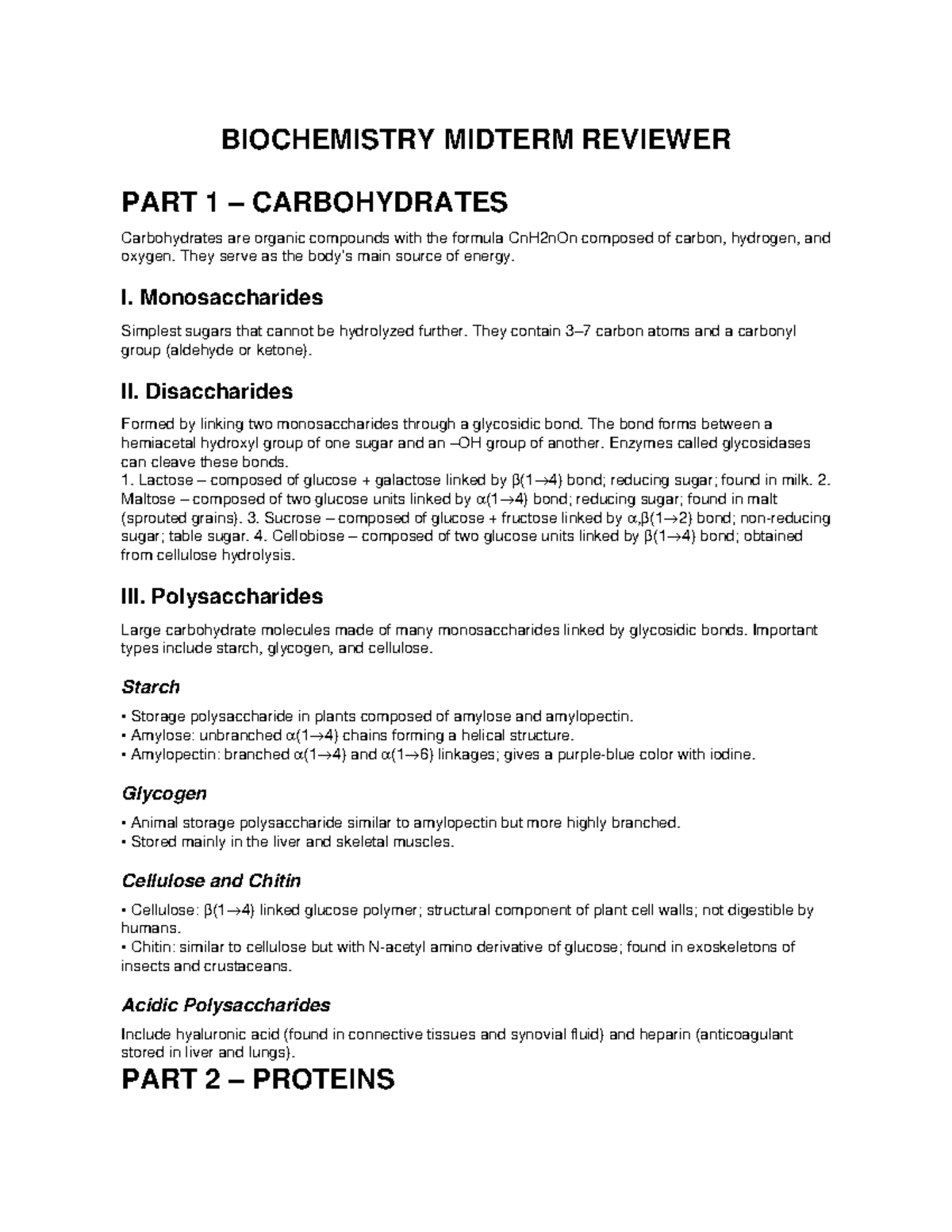 BIOCHEMISTRY MIDTERM REVIEWER: CARBOHYDRATES & PROTEINS - Studocu