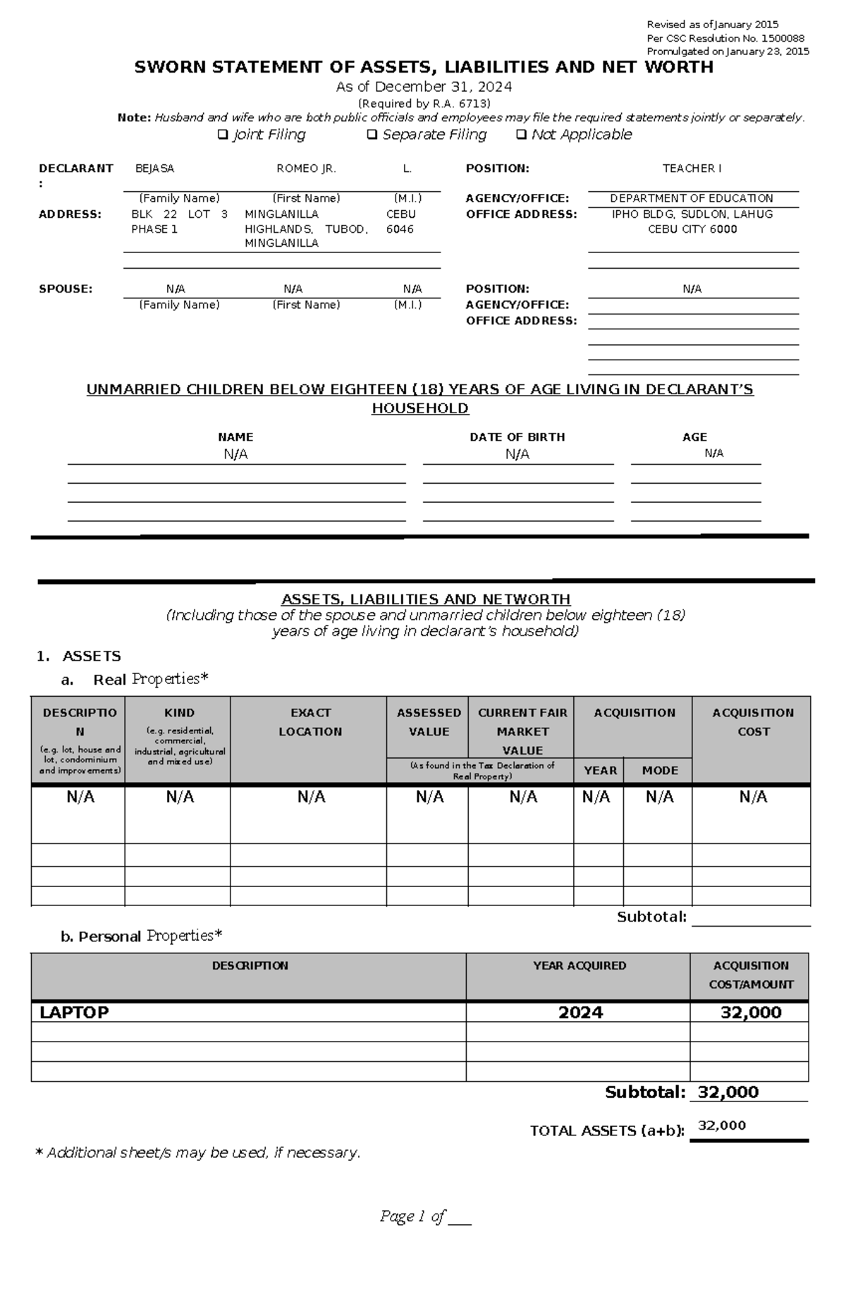 SALN Blank Form - Lecture Notes for R.A. 6713 Compliance - Studocu