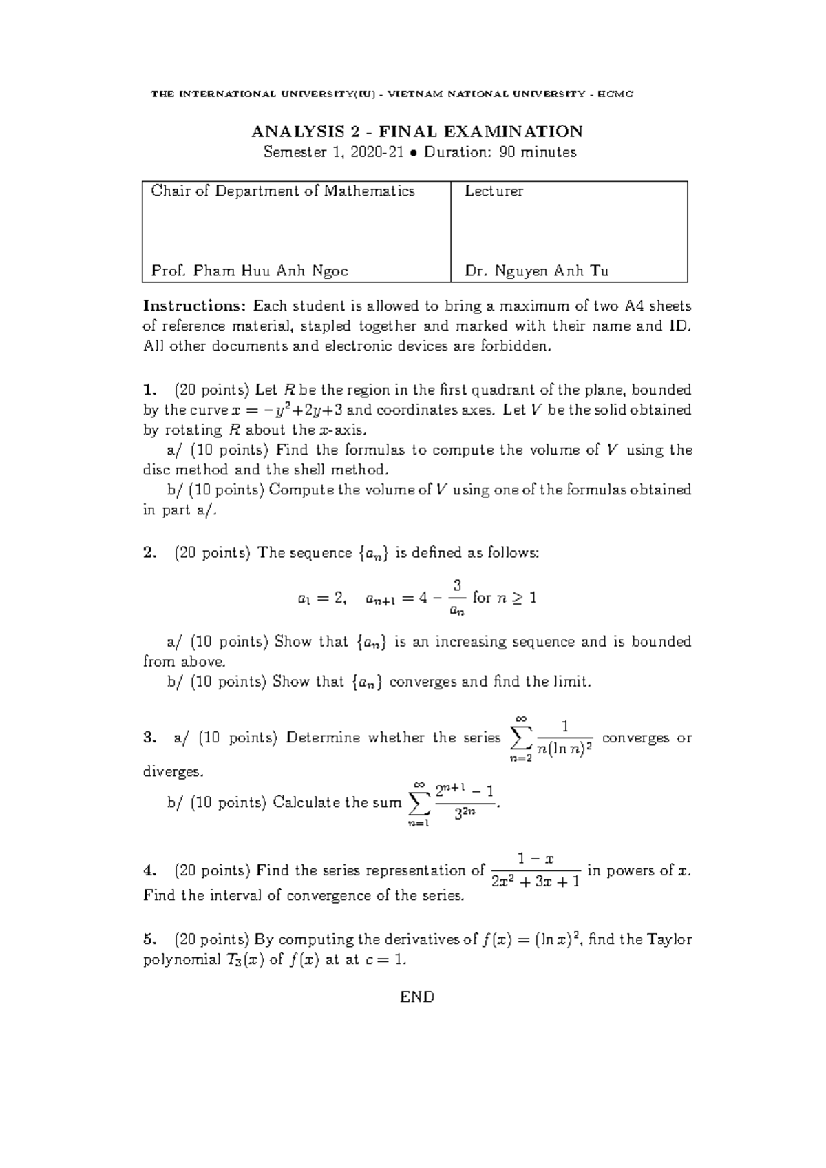 IU Analysis 2 Final Exam Sample Questions and Solutions - Studocu