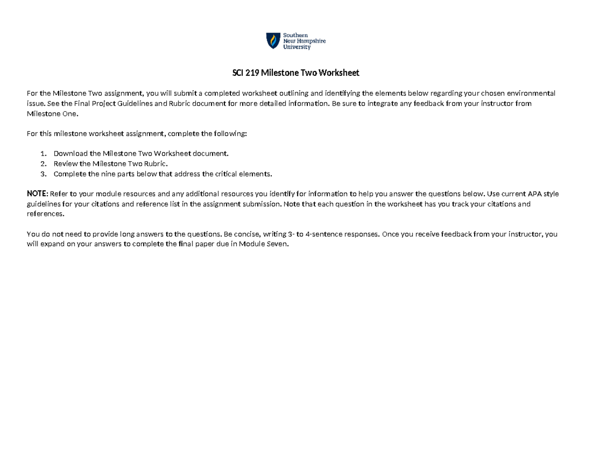 SCI 219 Milestone Two Worksheet: Human Impact and Solutions Analysis ...
