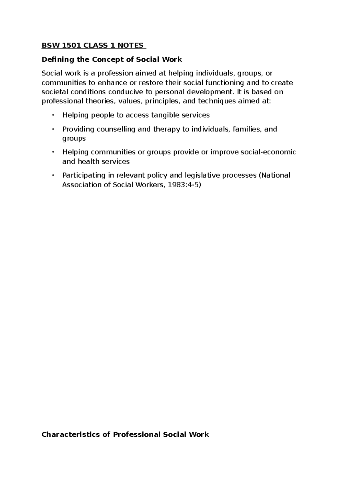 BSW 1501 Class 1 Notes: Understanding Social Work Concepts and ...