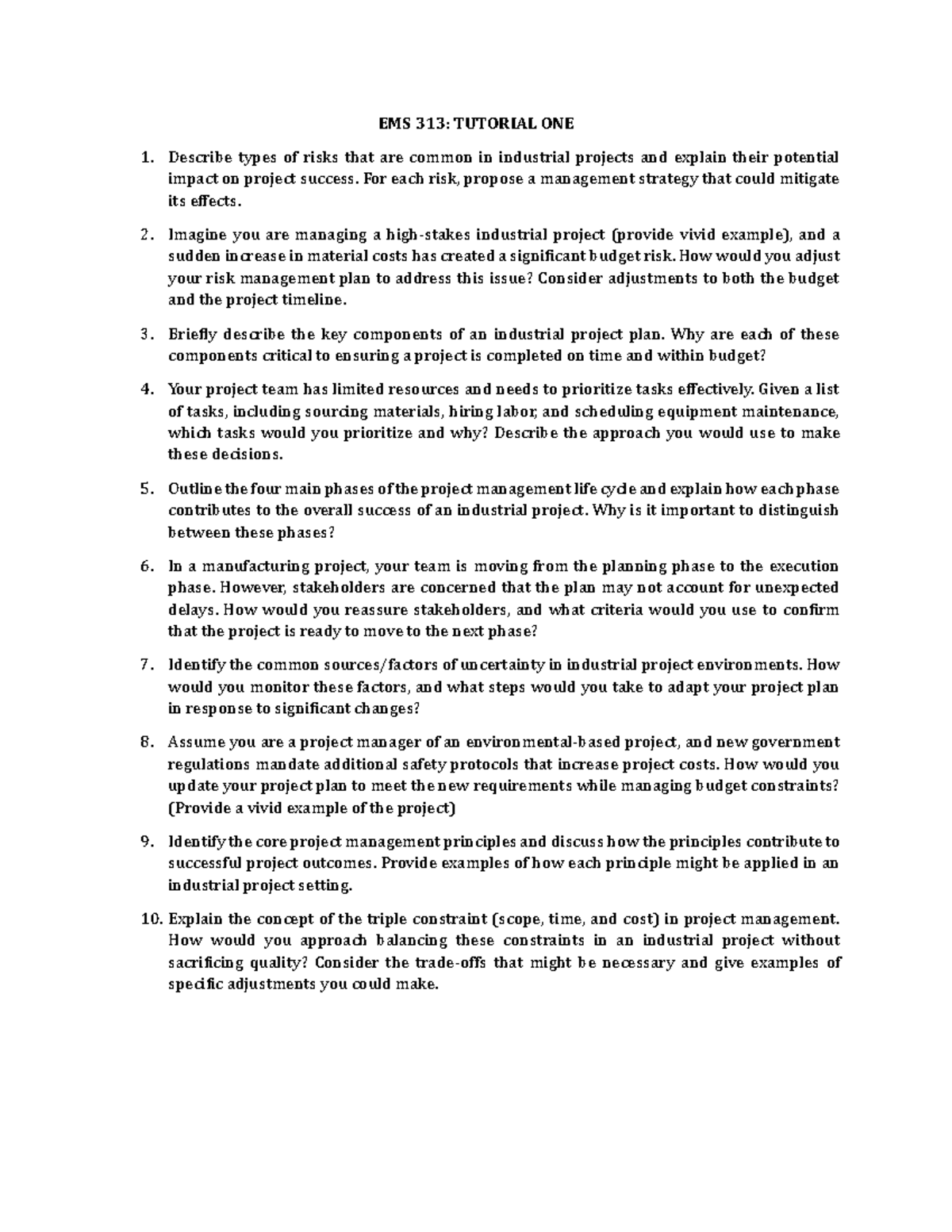 EMS 313: Tutorial 1 - Key Questions on Industrial Project Management - Studocu