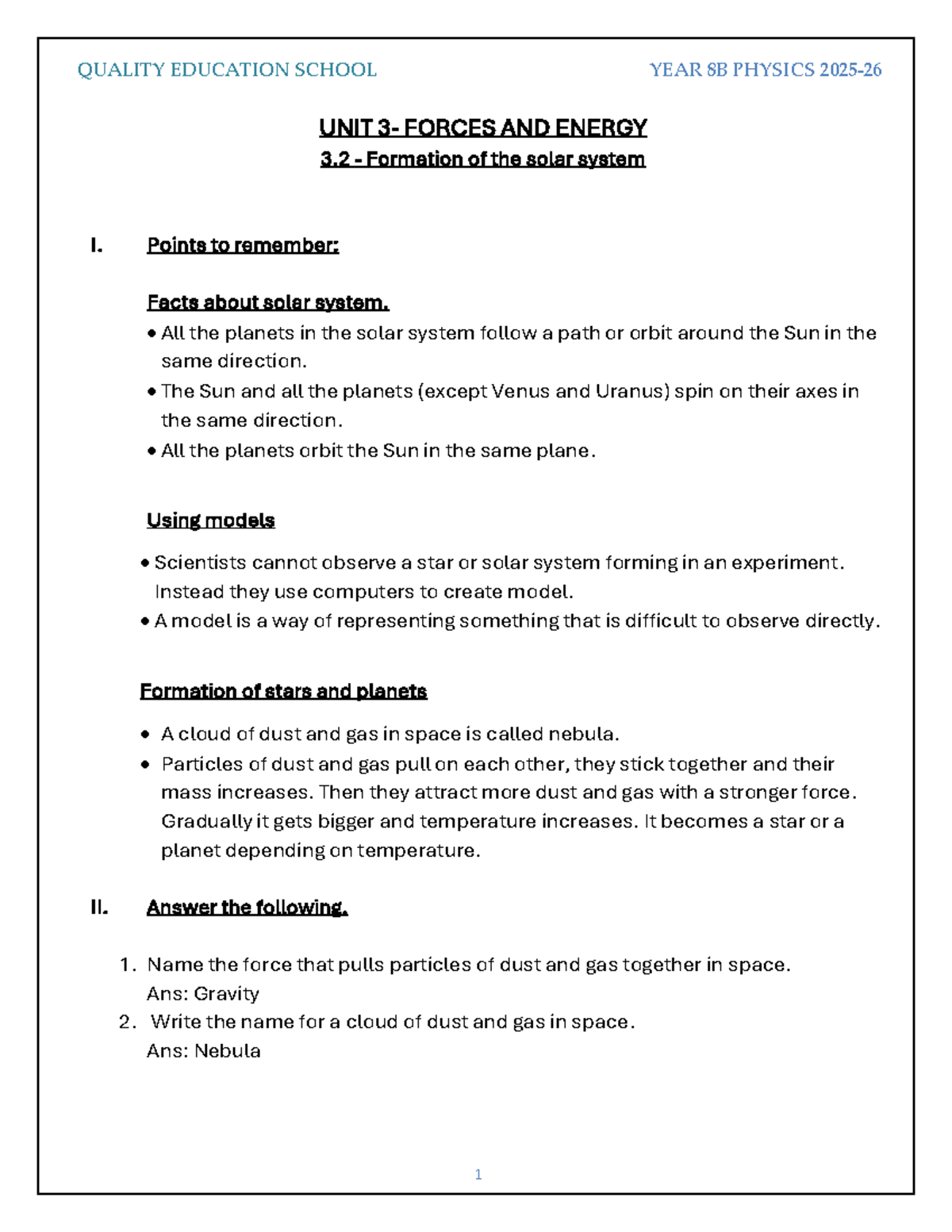 Unit 3.2 - Formation of the Solar System - Physics Notes for Year 8B ...