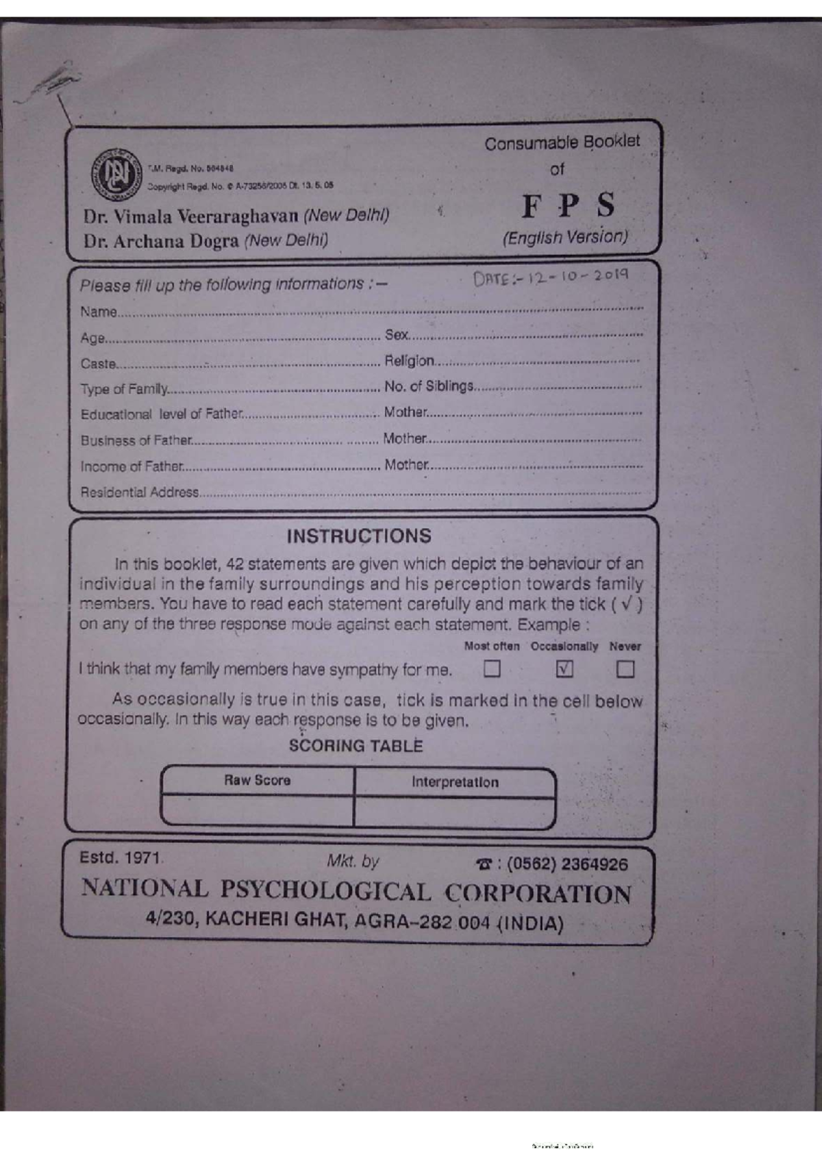 Family Pathology Scale (FPS) - Consumable Booklet (English Version ...