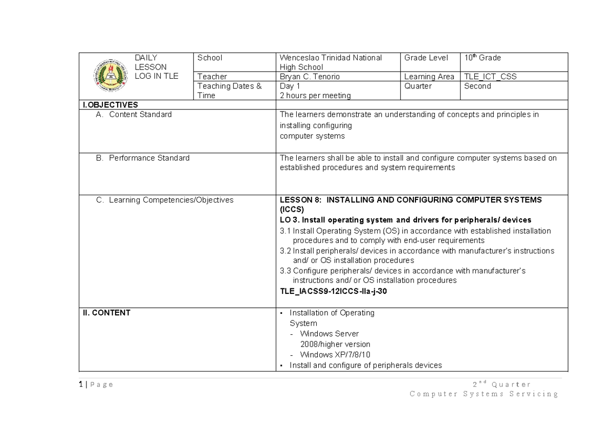 2nd Quarter Daily Lesson Log: Installing & Configuring Computer Systems (TLE_ICT_CSS) - Studocu